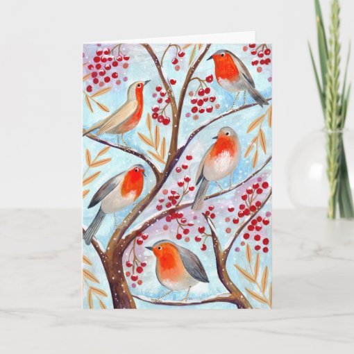 Cute Bird Red Robin Blue Christmas Family Holiday Card | Zazzle
