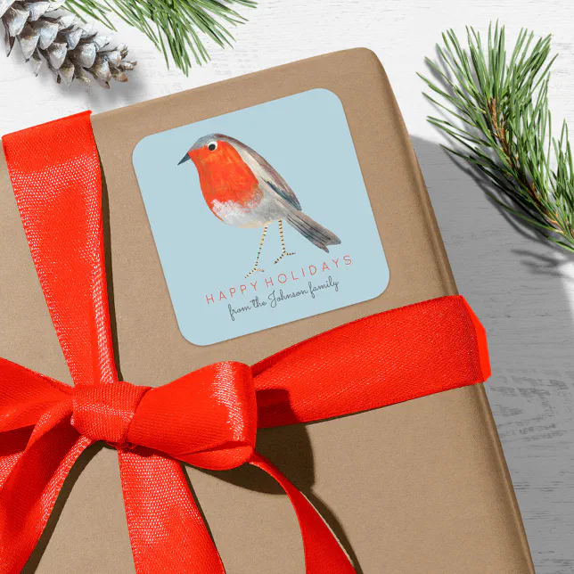 Cute Bird Red Robin Blue Christmas Square Sticker | Zazzle