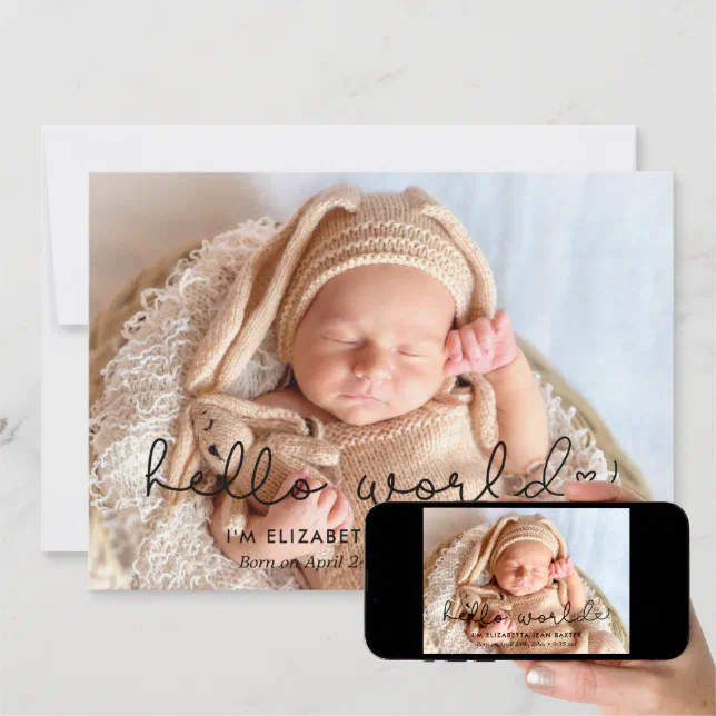 Cute birth announcement photo card - Hello world | Zazzle