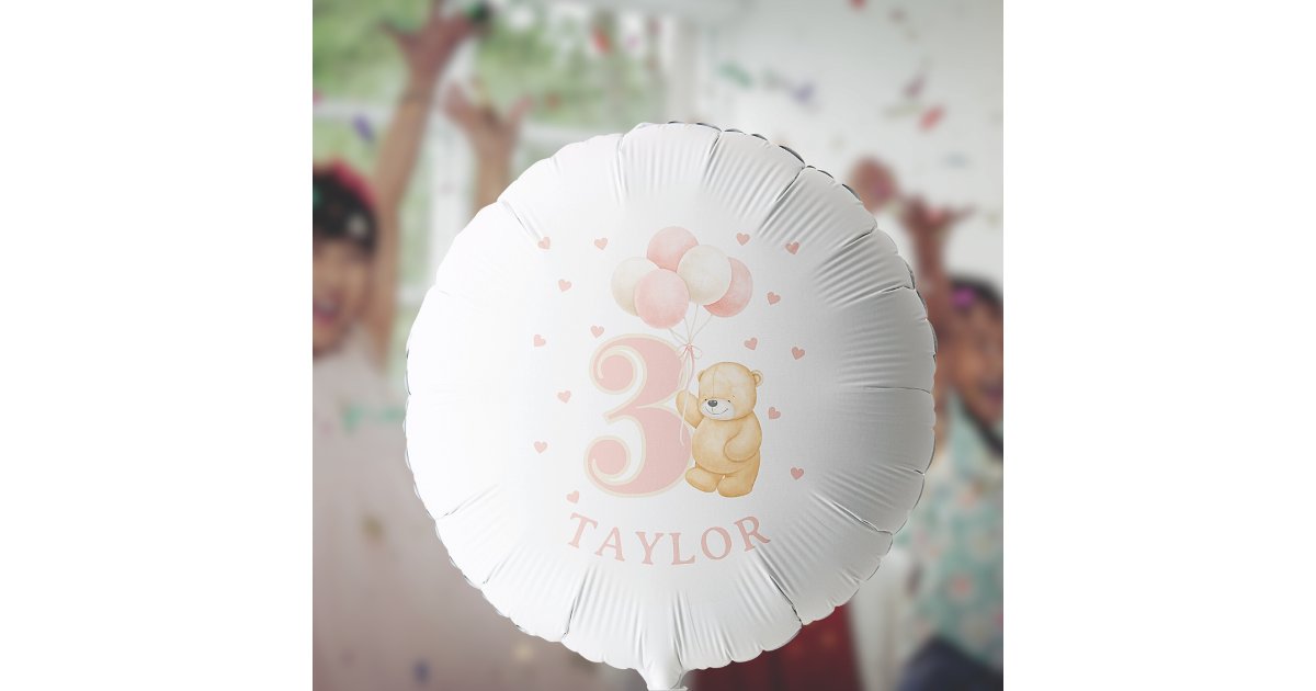 Cute Birthday Girly Pink 3 year old Custom Name Balloon | Zazzle