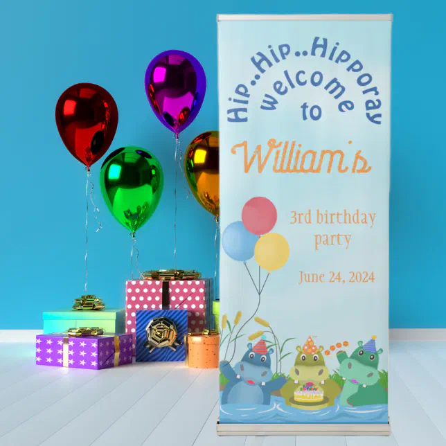 Cute Birthday Hippo Safari Retractable Banner | Zazzle