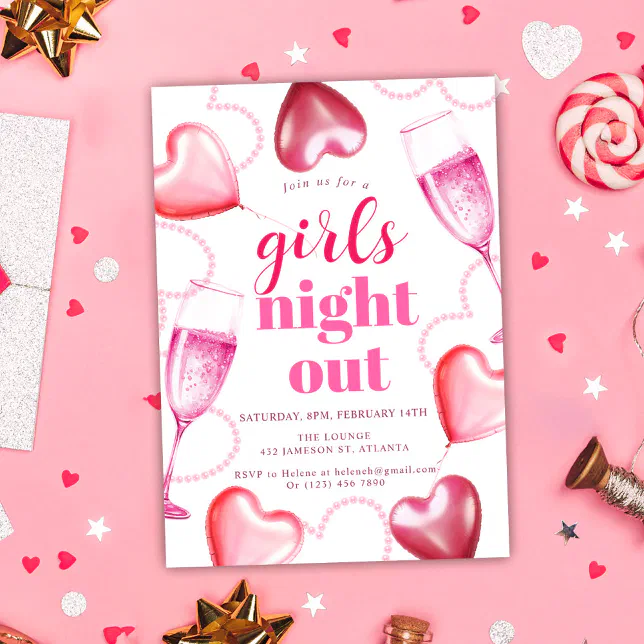 Cute Birthday Pink Hearts Girls Night Out Party Invitation | Zazzle