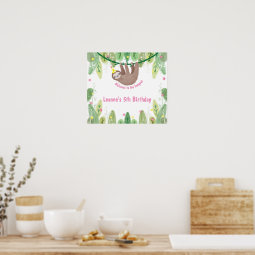 Cute birthday welcome sloth in party hat poster | Zazzle