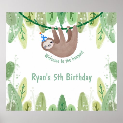 Cute birthday welcome sloth in party hat poster | Zazzle