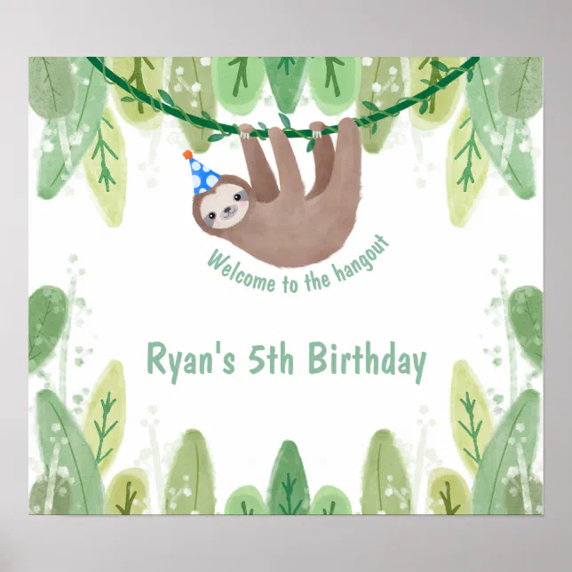 Cute birthday welcome sloth in party hat poster | Zazzle