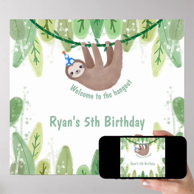 Cute birthday welcome sloth in party hat poster | Zazzle