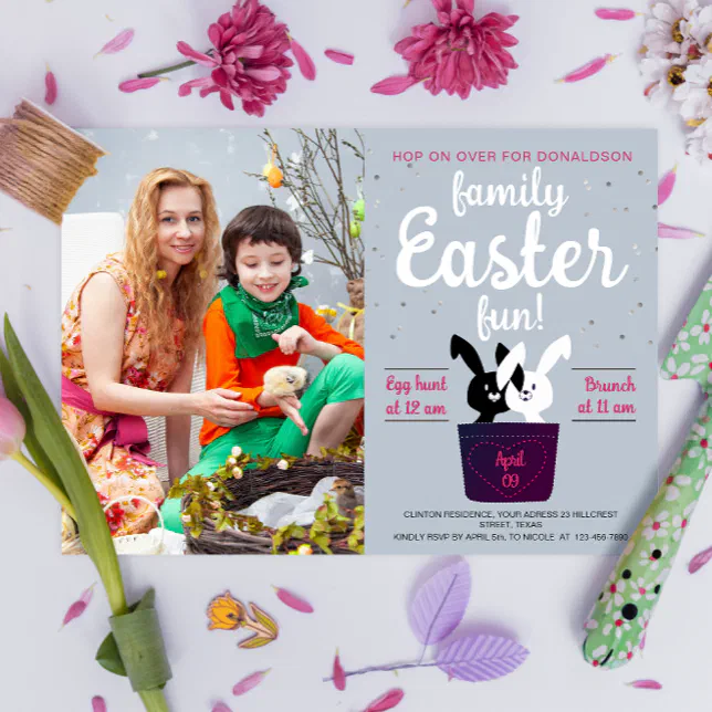 Cute Black And White Bunnies Easter Party Photo Invitation | Zazzle