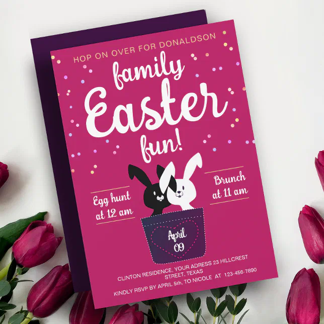 Cute Black And White Bunnies Magenta Easter Party Invitation | Zazzle