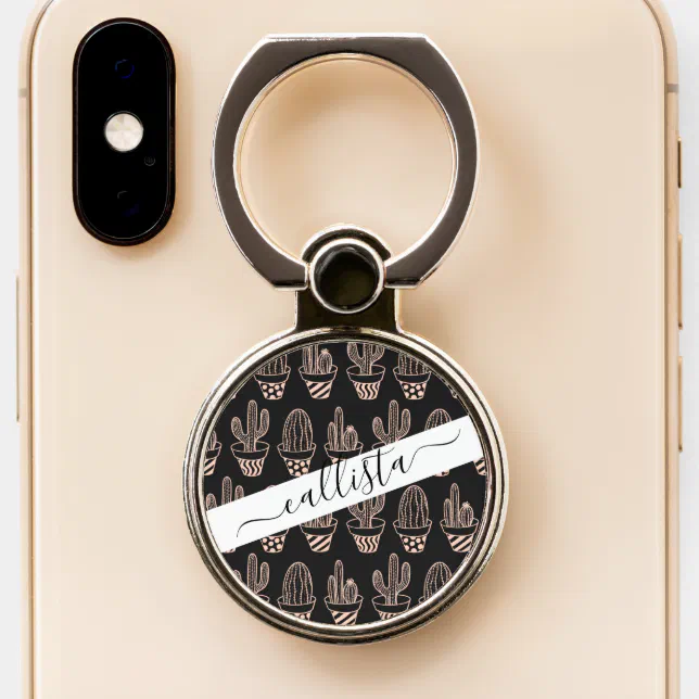 Cute Black Blush Pink Potted Cactus Pattern Phone Ring Stand | Zazzle