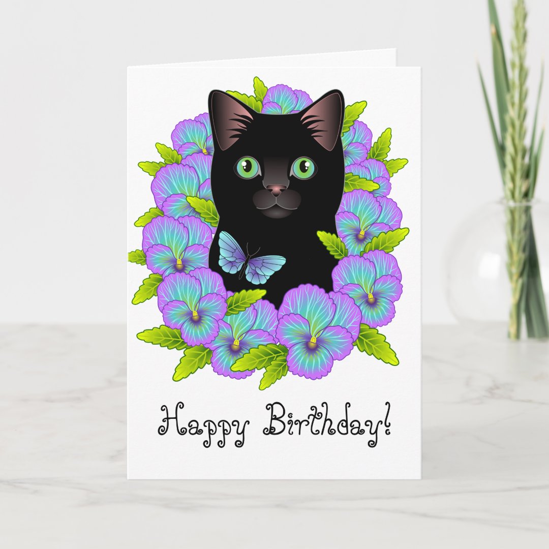 Cute Black Cat Floral Magic Happy Birthday card | Zazzle