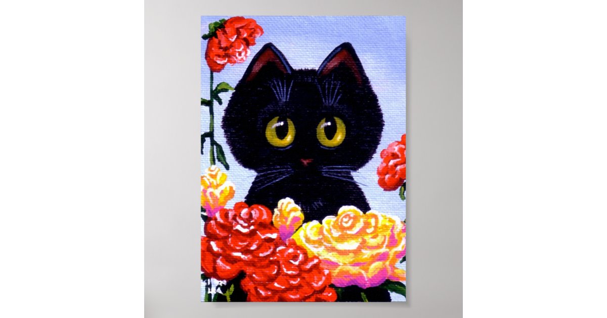 Cute Black Cat Roses Flowers Big Eyes Creationarts Poster | Zazzle