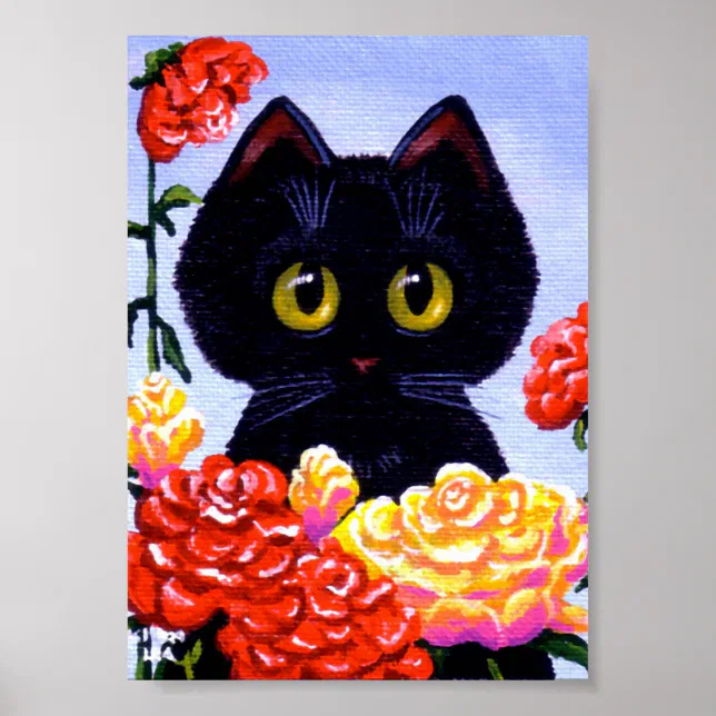 Cute Black Cat Roses Flowers Big Eyes Creationarts Poster | Zazzle