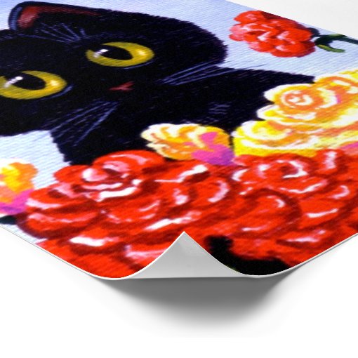 Cute Black Cat Roses Flowers Big Eyes Creationarts Poster | Zazzle