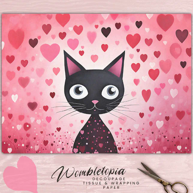 Cute Black Cat with Pink Hearts Decoupage Tissue Paper | Zazzle