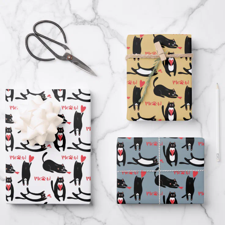 Cute black cats playing with hearts and meow wrapping paper sheets | Zazzle