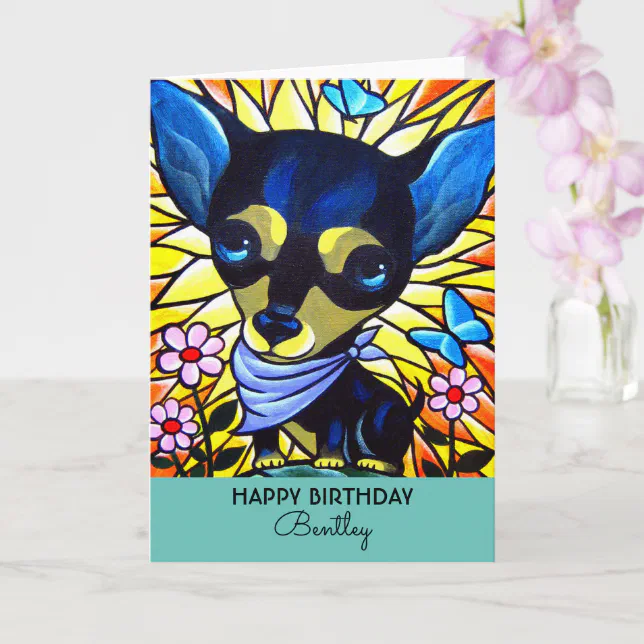 Cute Black Chihuahua Birthday Dog Teal Artwork Card | Zazzle