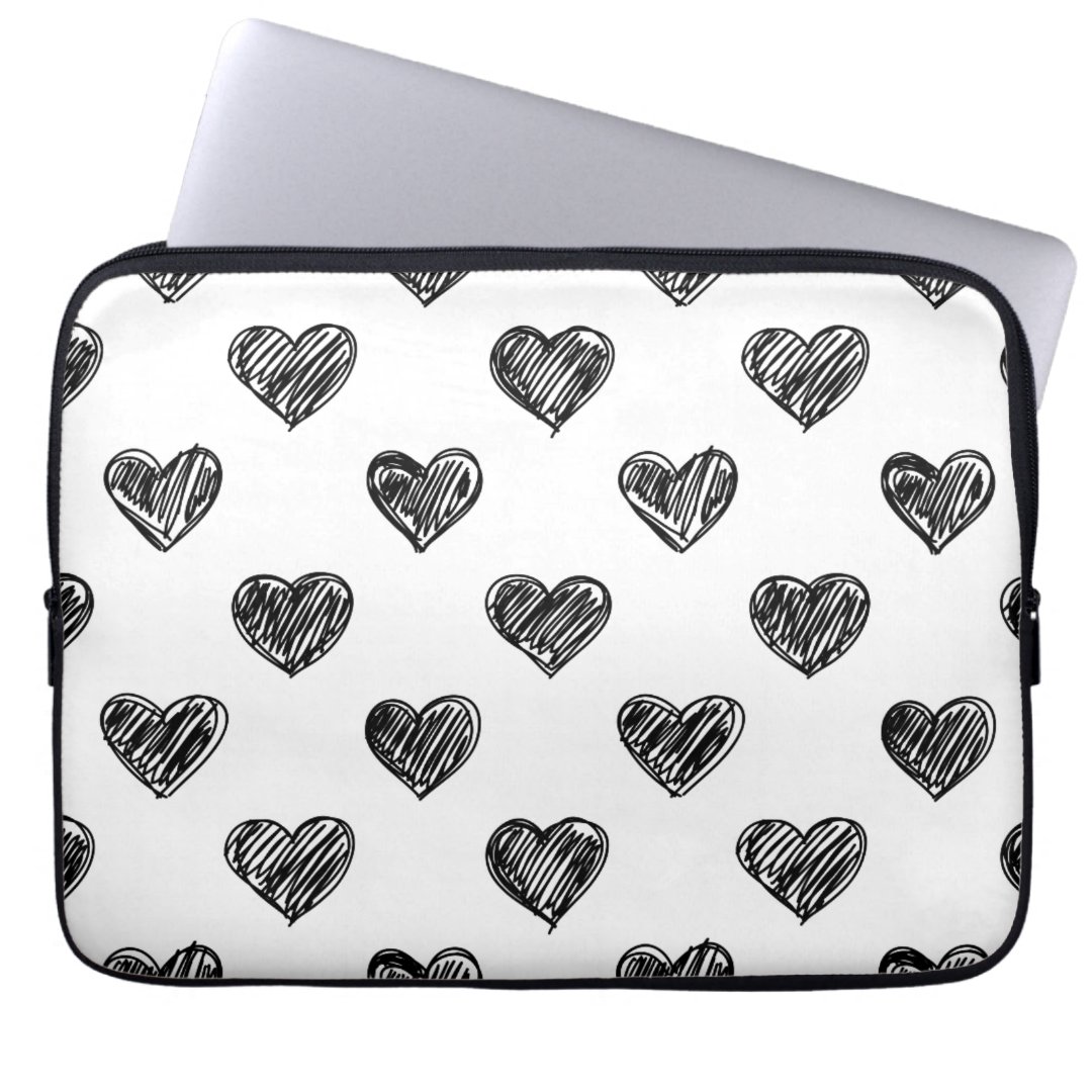 CUTE BLACK HEARTS DOODLES PATTERN LAPTOP SLEEVE | Zazzle