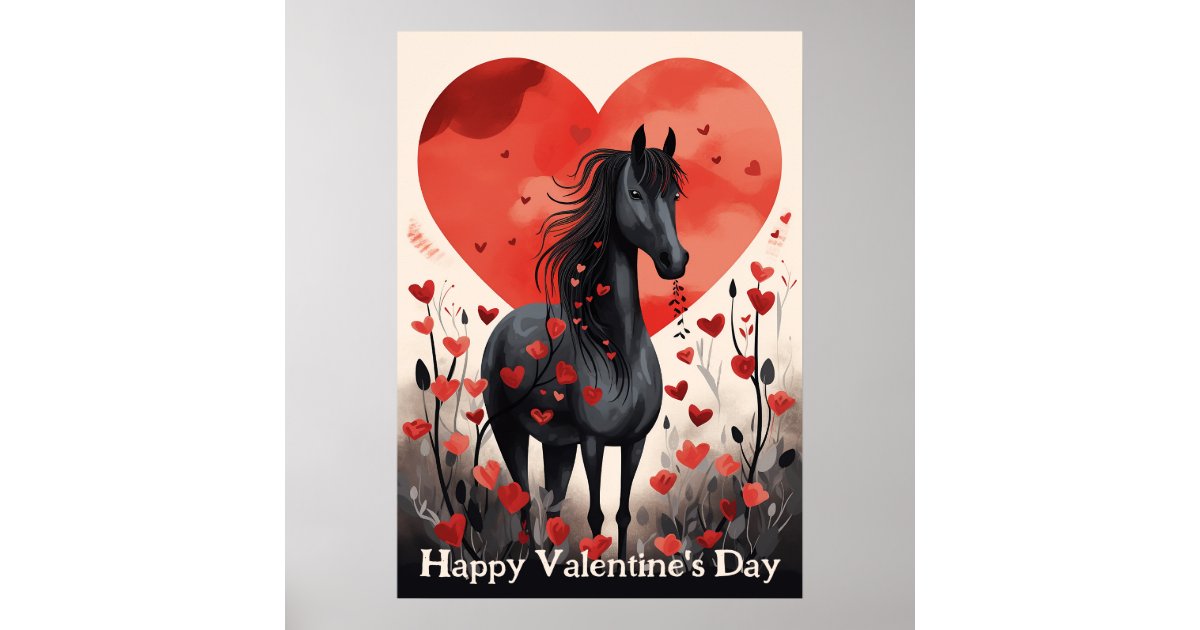 Cute Black Horse and Hearts Happy Valentine's Day Poster | Zazzle