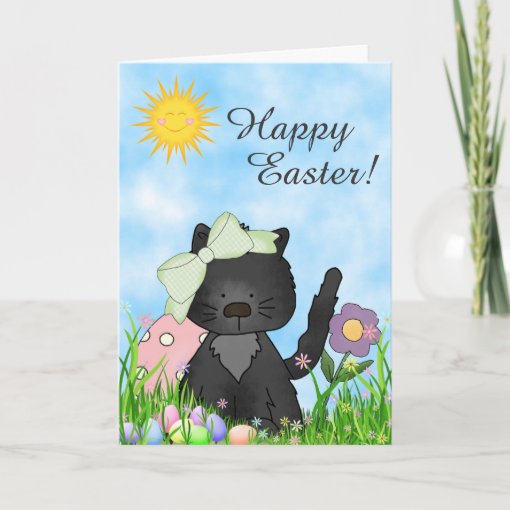 Cute Black Kitten, Colorful Eggs Happy Easter Cat Holiday Card | Zazzle