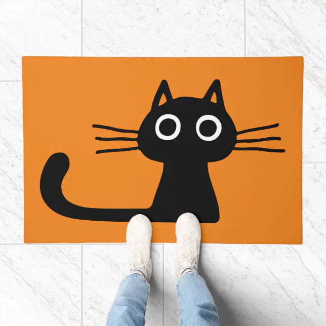 Cute Black Kitty Cat | Orange and Black Halloween Doormat | Zazzle