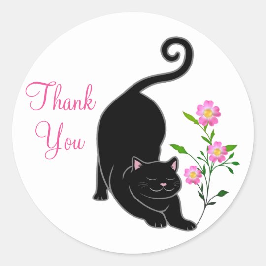 Cute black kitty cat with flowers Thank You Classic Round Sticker ...