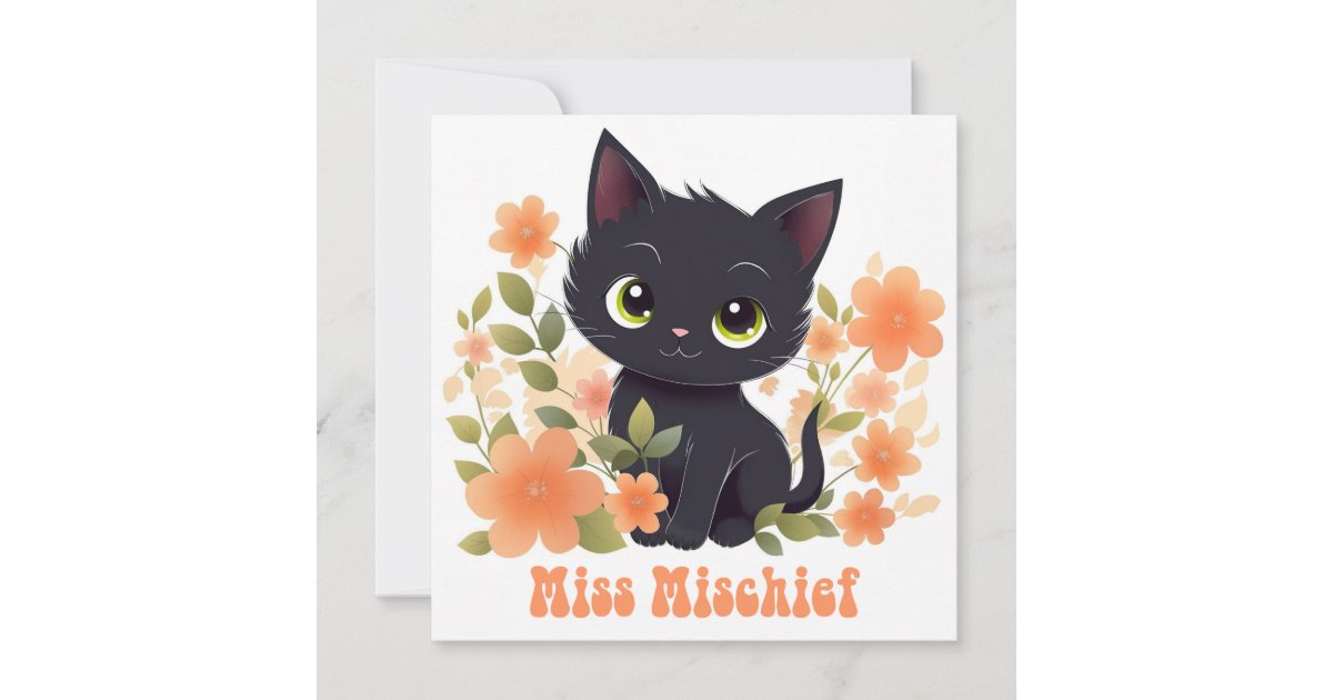 Cute Black Kitty Kawaii Chibi Invitation | Zazzle