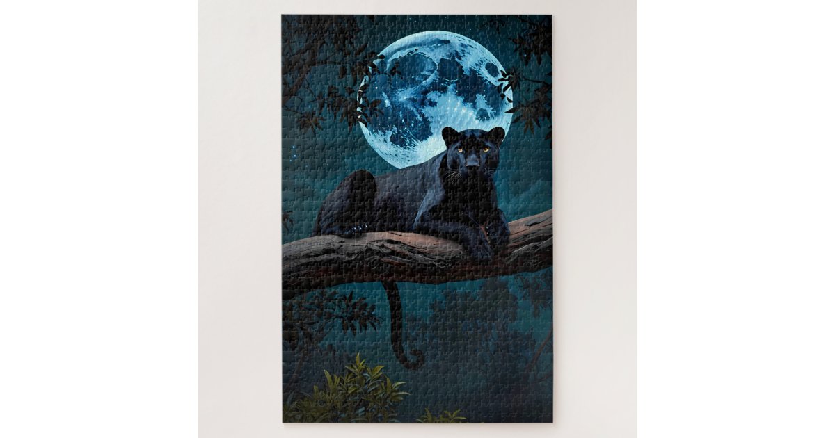 Cute Black Pantha laying on Tree Blue Moon Jigsaw Puzzle | Zazzle