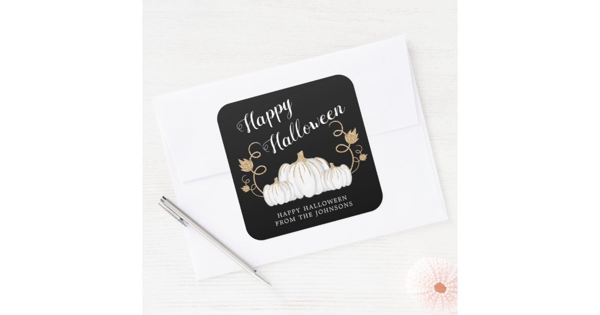 Cute Black Pumpkin Happy Halloween Square Sticker | Zazzle