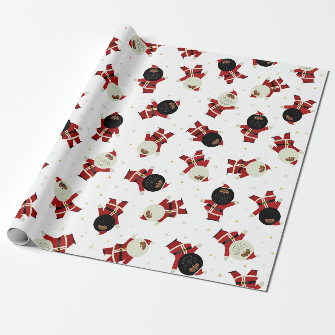 Cute Black Santa Party Pattern on White Background Wrapping Paper | Zazzle