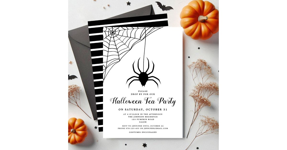 Cute Black Spider Halloween Tea Party Invitation | Zazzle