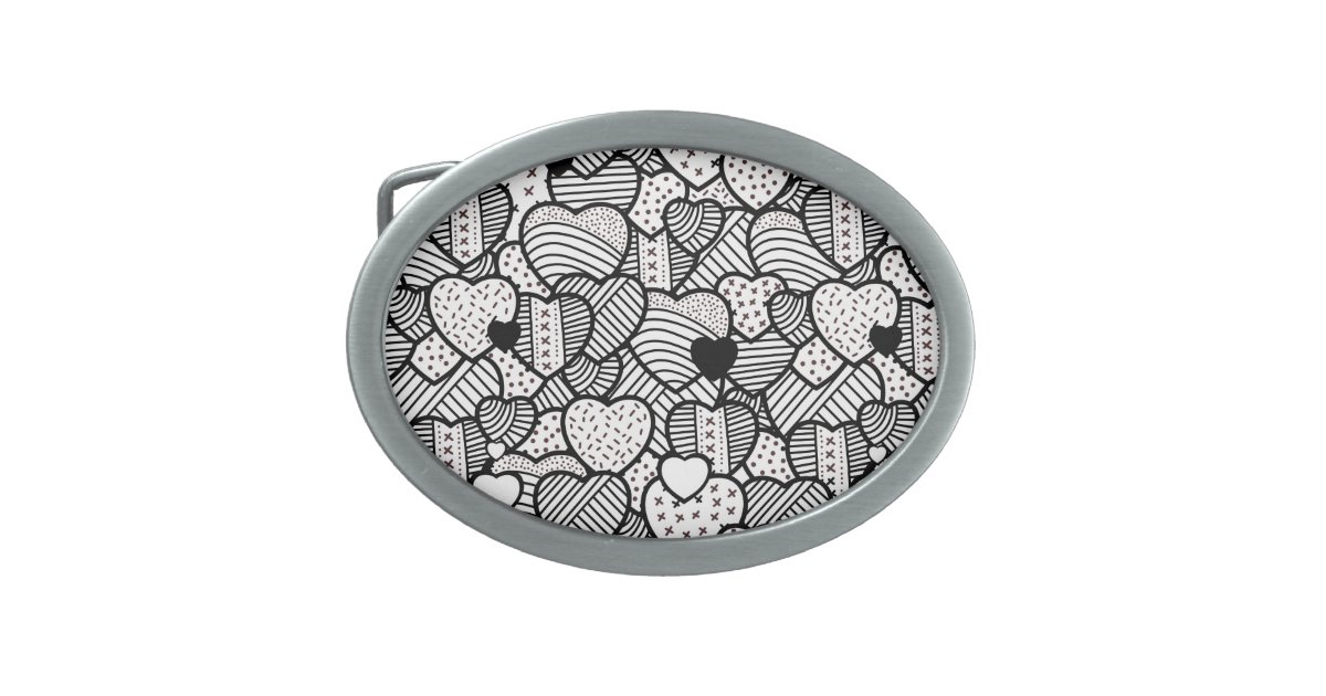 Cute black white hearts patterns oval belt buckle | Zazzle