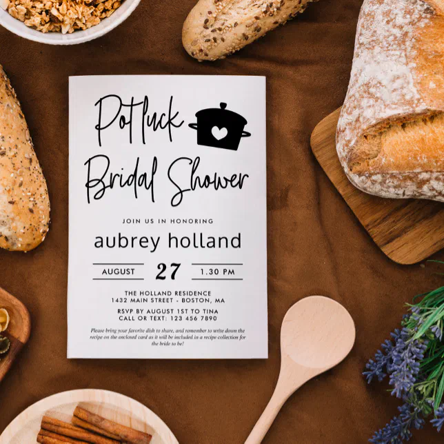 Cute Black White Potluck Bridal Shower Invitation | Zazzle