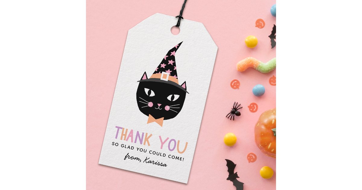 Cute Black Witch Cat Halloween Birthday Name Gift Tags | Zazzle