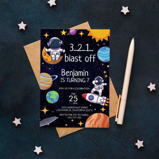 Cute Blast Off Space Theme Any Age Birthday Invitation | Zazzle