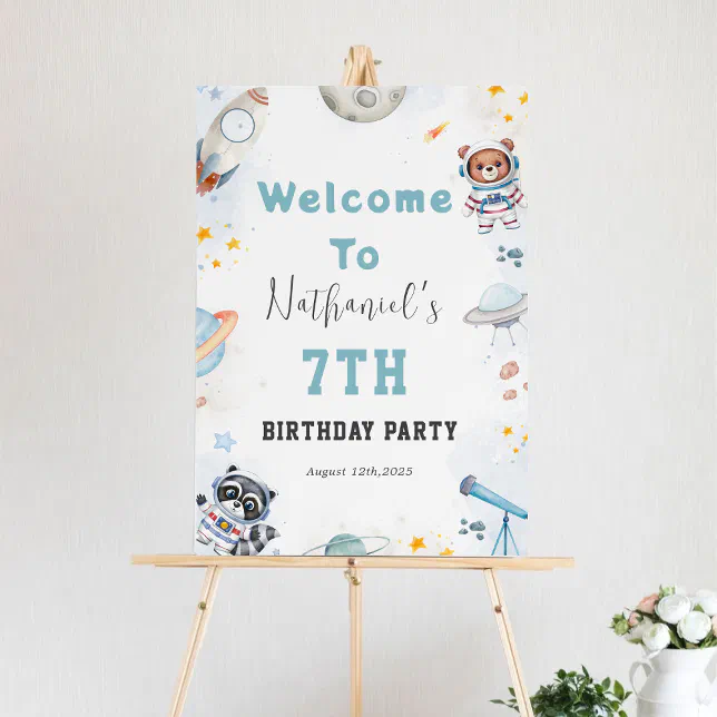 Cute blast off space themed birthday Welcome sign | Zazzle