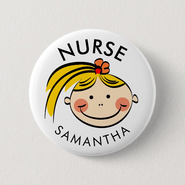 Cute Blond Cartoon Nurse Name Button | Zazzle