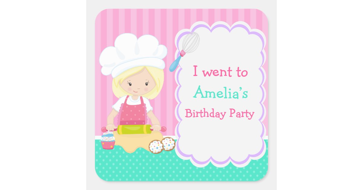 Cute Blonde Girl Baking Birthday Party Square Sticker | Zazzle