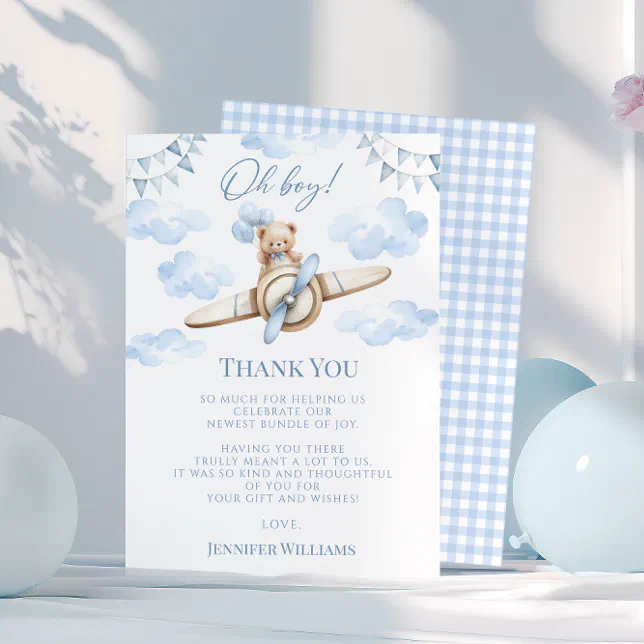 Cute Blue Airplane & Teddy Bear Baby Boy Shower Thank You Card | Zazzle