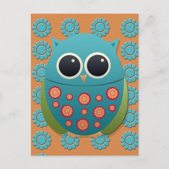 Cute Blue and Green Owl on Orange and Blue Flowers Postcard | Zazzle.com