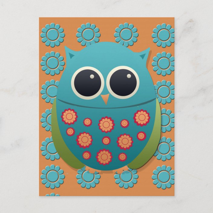 Cute Blue and Green Owl on Orange and Blue Flowers Postcard | Zazzle.com