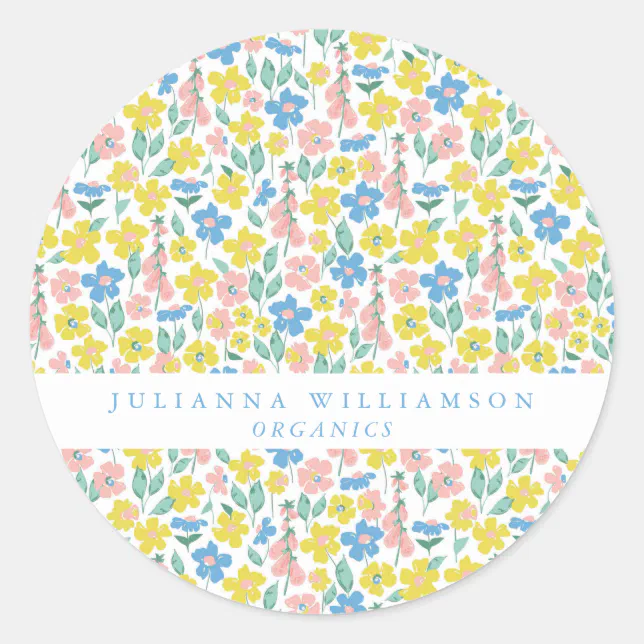 Cute Blue and Yellow Ditsy Floral Modern Classic Round Sticker | Zazzle