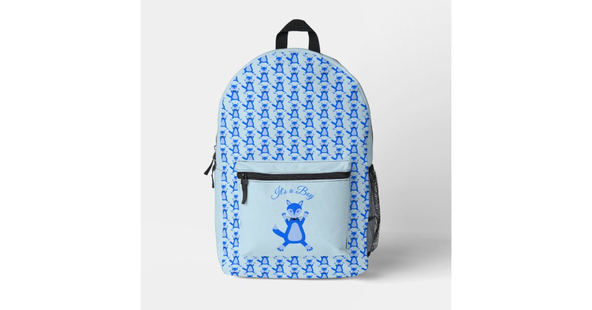 Cute Blue Baby Boy Fox Custom Gender Reveal Printed Backpack | Zazzle