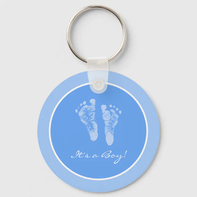 Cute Blue Baby Footprints Its a Boy Baby Shower Keychain | Zazzle