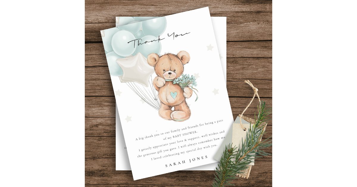 Cute Blue Bear Bearly Wait Balloon Baby Shower Thank You Card | Zazzle