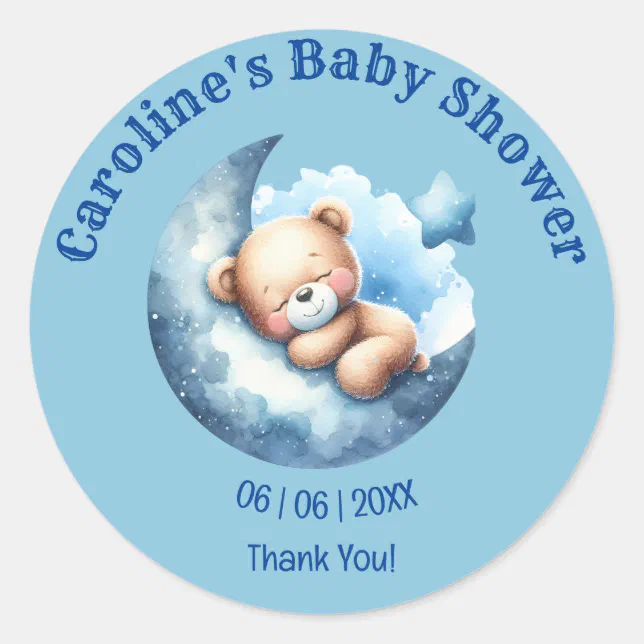 Cute Blue Bear Crescent Moon Baby Shower Classic Round Sticker | Zazzle