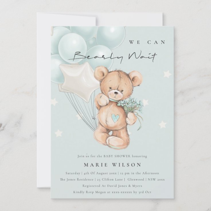 Cute Blue Bearly Wait Balloon Baby Shower Invite | Zazzle