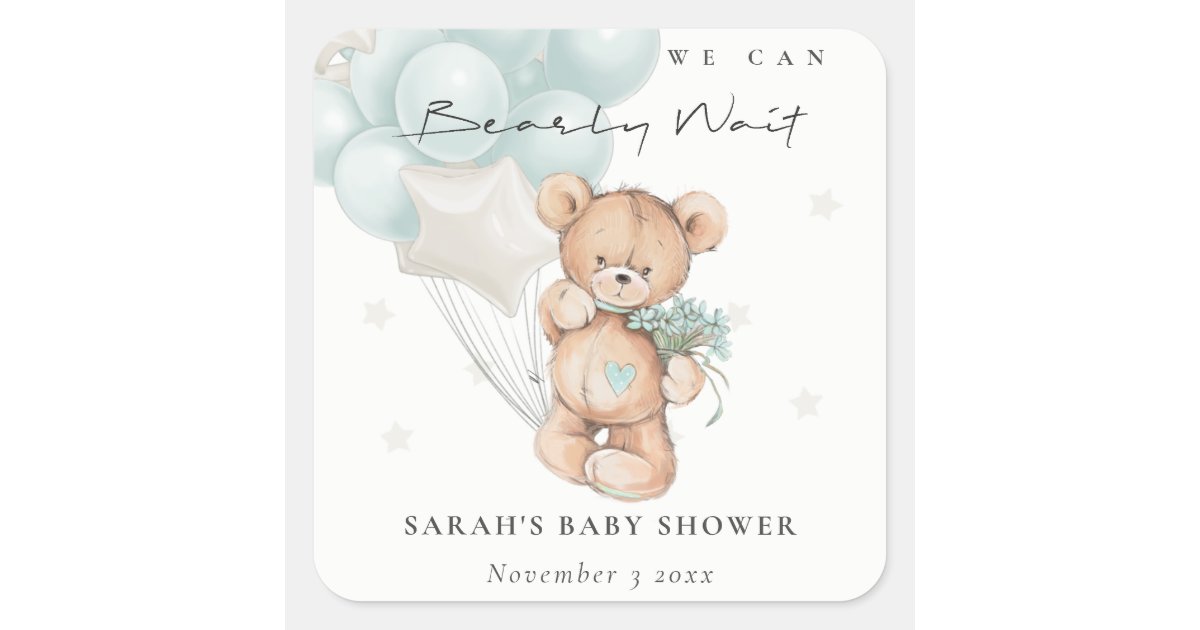 Cute Blue Bearly Wait Bear Balloon Baby Shower Square Sticker | Zazzle