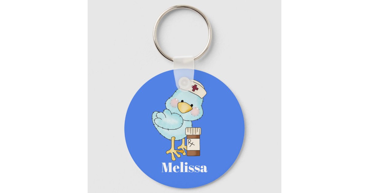 Cute blue bird nurse add name keychain | Zazzle