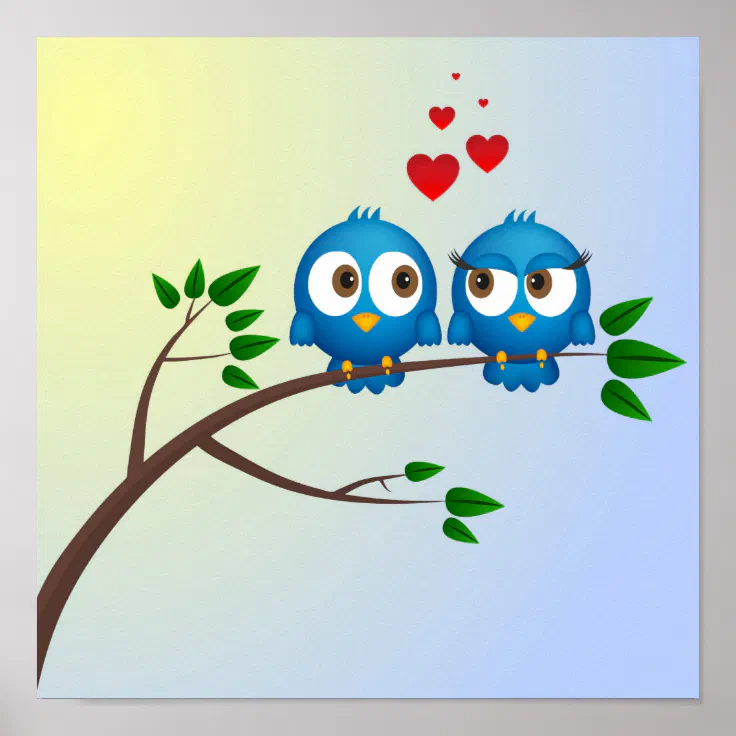 Cute blue birds in love cartoon poster | Zazzle