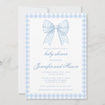Cute blue bow ribbon baby boy shower invitation | Zazzle